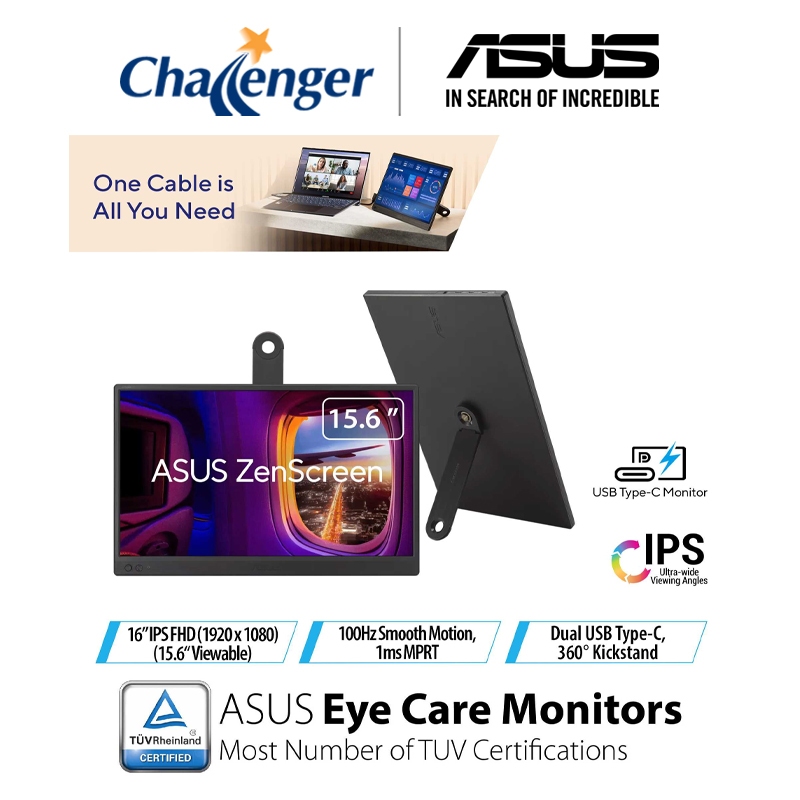 ASUS ZenScreen MB169CK Portable USB Monitor - 15.6" FHD IPS Dual USB-C ...