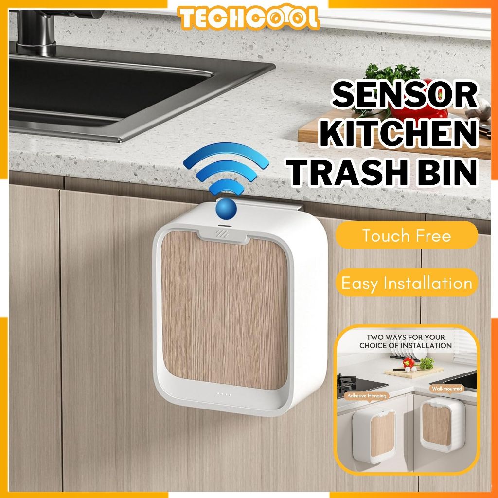 Motion Sensor Wall-Mounted Trash Bin with Lid Hanging Inductive Waste ...