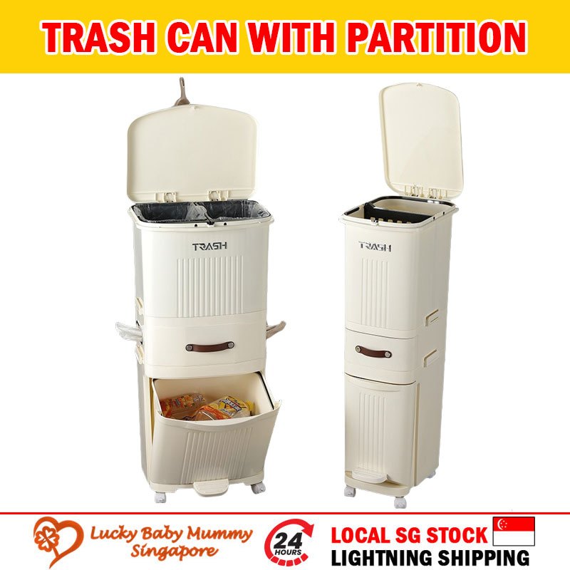 Large 3-Tier Dustbin with Partition 360 Degree Wheel Kitchen Garbage ...