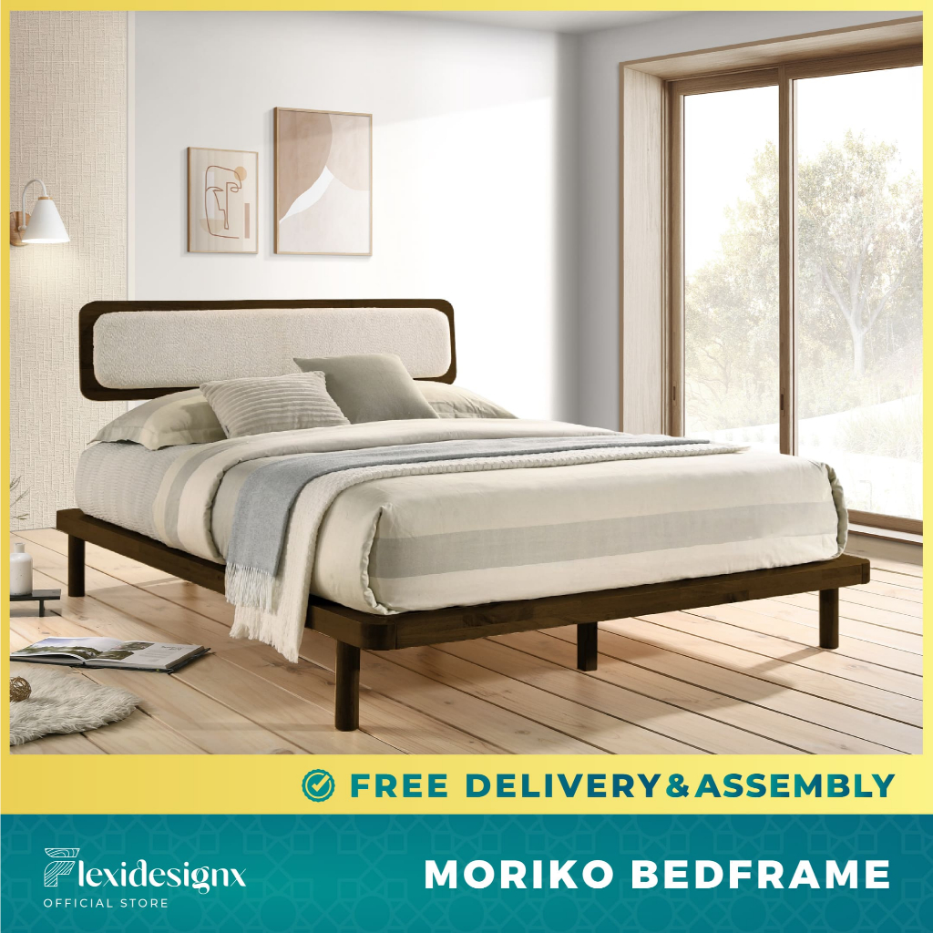 Flexidesignx Solid Wood Bed Frame Single,Super Single,Queen,King Size Fabric Headboard MORIKO ...