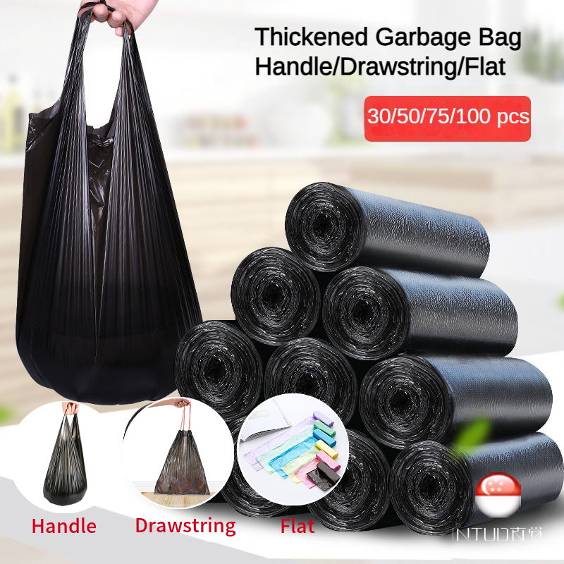 【SG Ready Stock】 Garbage Bag Thick Handle/Drawstring/Flat Black Trash ...