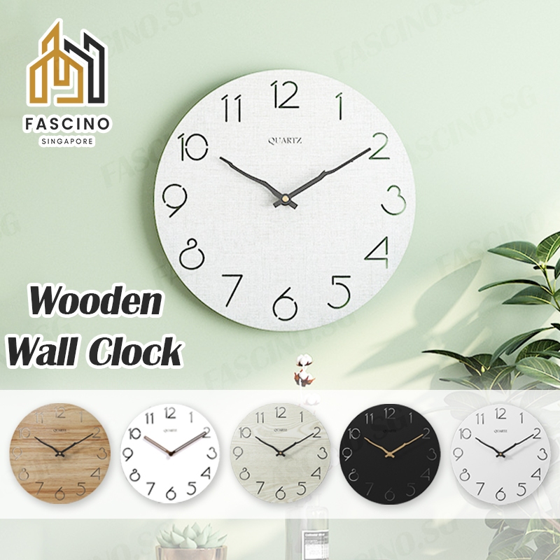 【SG】30cm Wooden Clock Round Non-Ticking Silent Quartz Clock Living Room ...