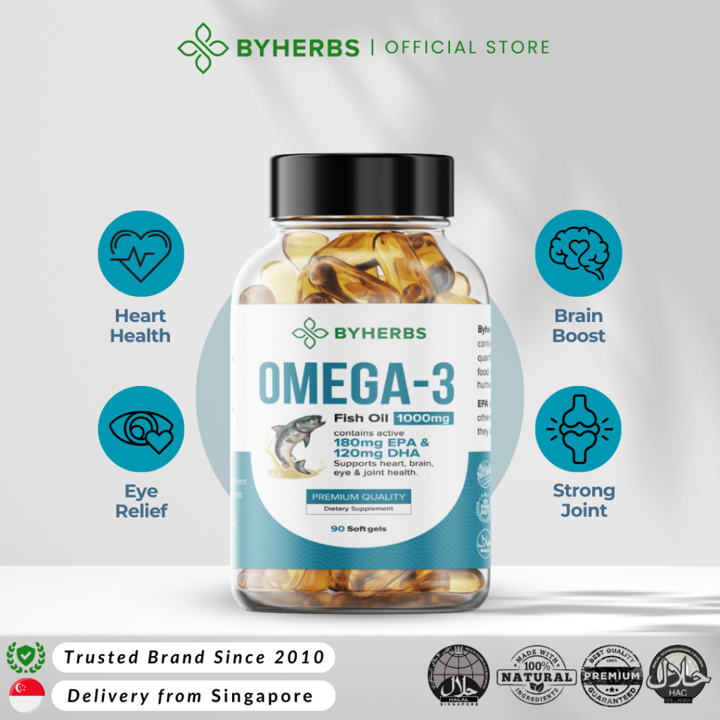 Byherbs Omega 3 Fish Oil | 1000mg | 90 Soft Gels | 180mg EPA + 120mg ...