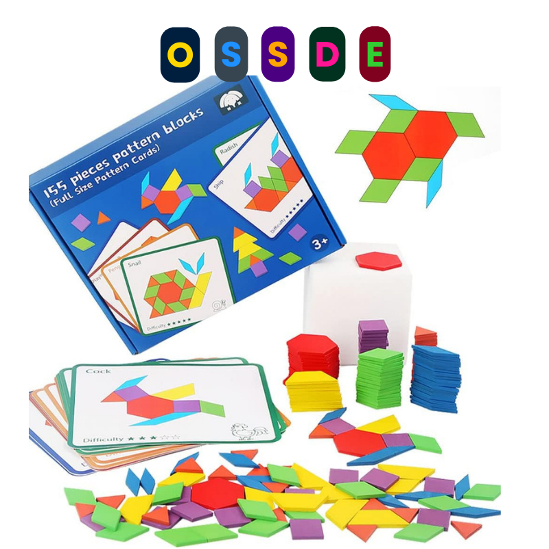 OSSDE Tangram 155 Pcs Wooden Pattern Blocks Set Geometric Shape Puzzle Early Educational ...