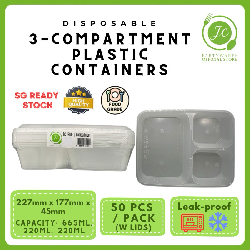 SG READY STOCK - 3 Compartment Disposable Plastic Food Container with ...