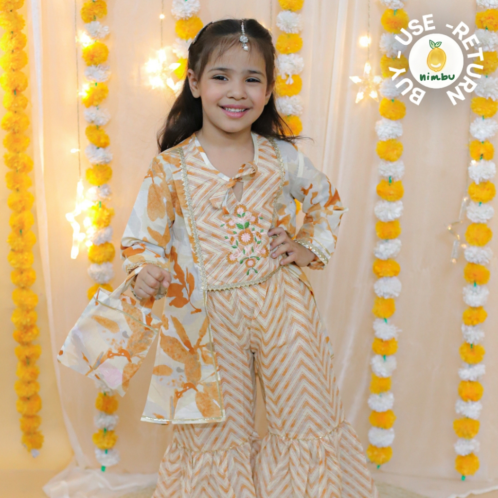 NIMBU Girls Splash Sharara Set With Potli Bag in Orange Ethnic Wear for ...