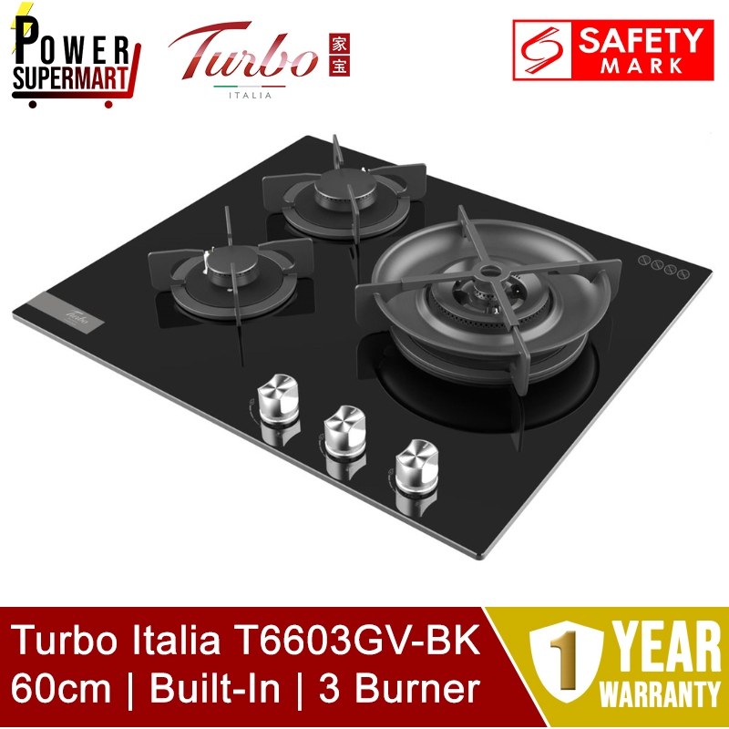 Turbo Italia – T6603GV Gas Hob | 60 cm | 3 Burner | Glass | Battery ...