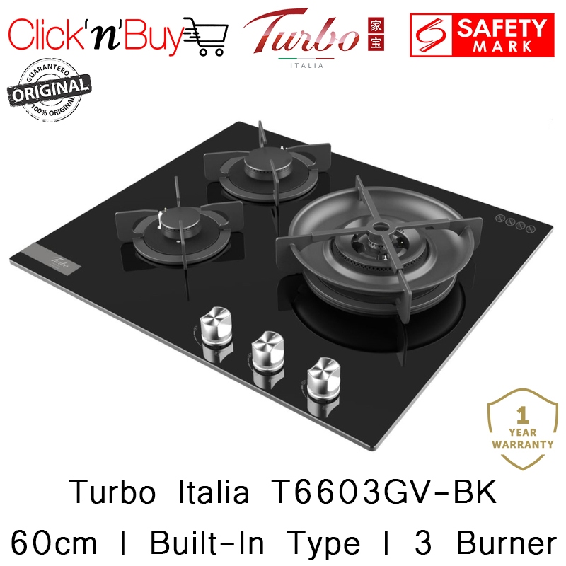 Turbo Italia – T6603GV Gas Hob | 60 cm | 3 Burner | Glass | Battery ...