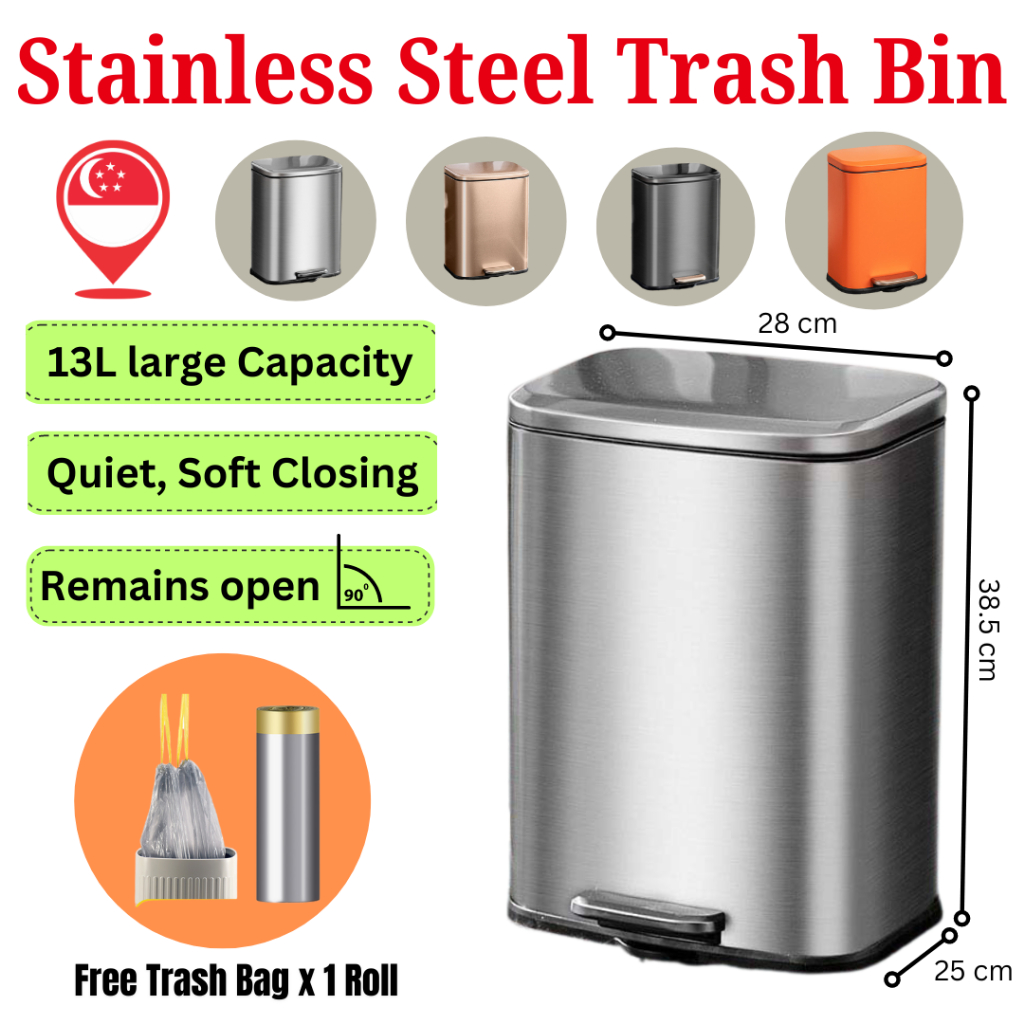13L Stainless Steel Trash Bin with Soft Close Lid, Hands-Free Foot ...