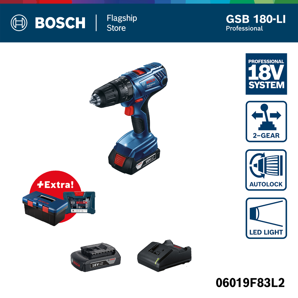 BOSCH GSB 180-LI Cordless Impact Drill (with 2 batteries, charger ...