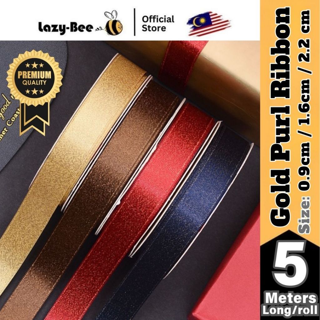 LAZY BEE 5 meters Gold Purl Satin Ribbon Luxury Hair Bow Knot Craft ...