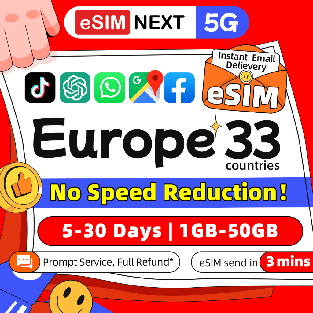 Europe eSIM 5G 5-30 Days Total 10-50G or Daily 1-3GBUnlimited Data | High Speed Travel Data e ...