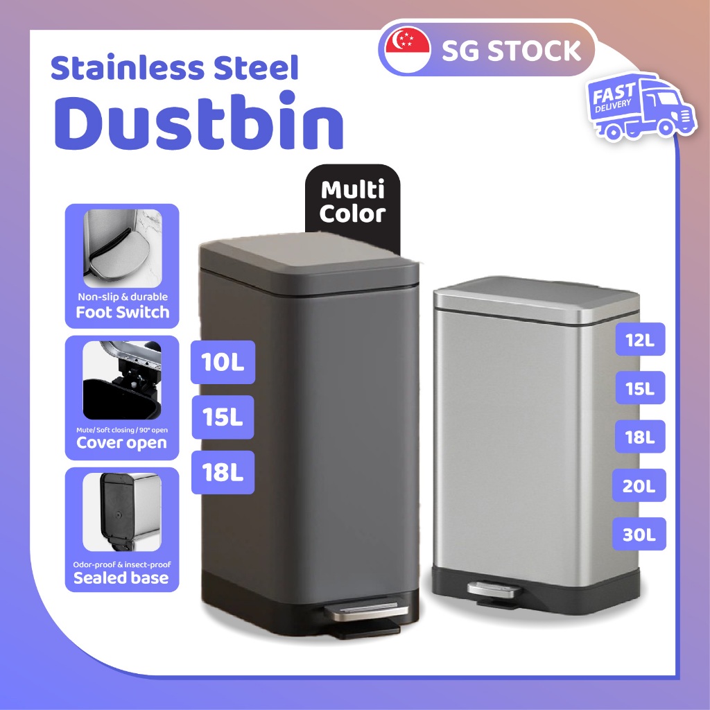 [SG STOCK] Stainless Steel Pedal DustBin Trash Can - 10L, 15L, 18L ...