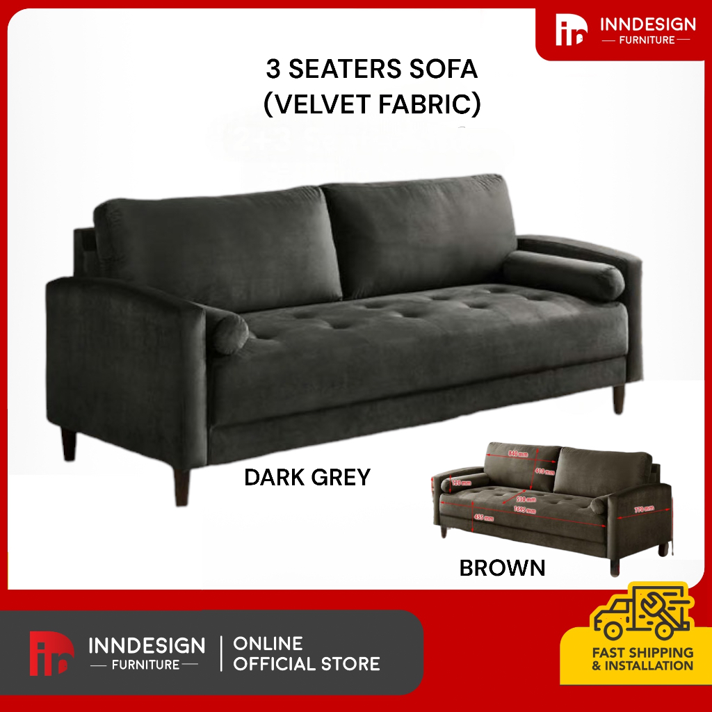 INNDESIGN SARA 3 Seater Sofa Velvet Fabric Sofa / Zig Zag Spring Sofa ...