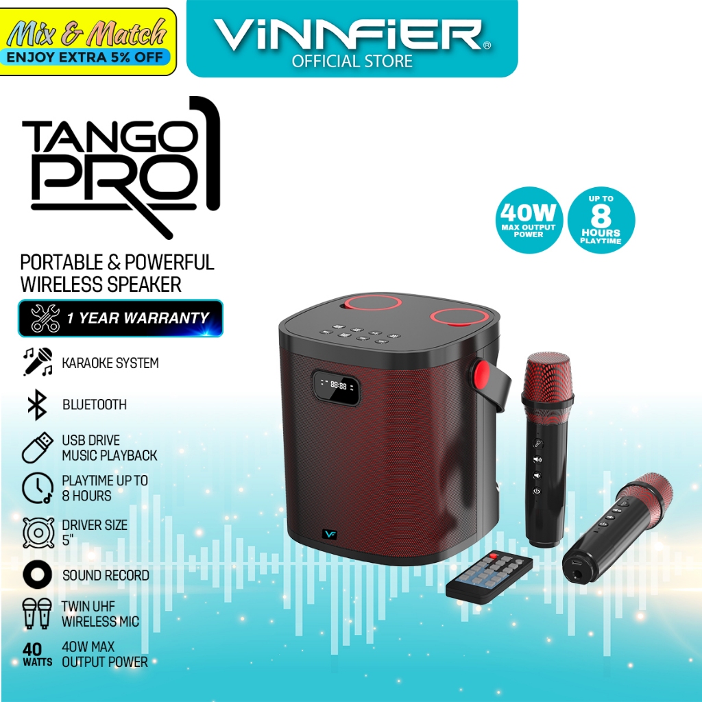 VINNFIER Tango Pro 1 Bluetooth Portable Speaker with 2 Wireless Microphone | Shopee Singapore