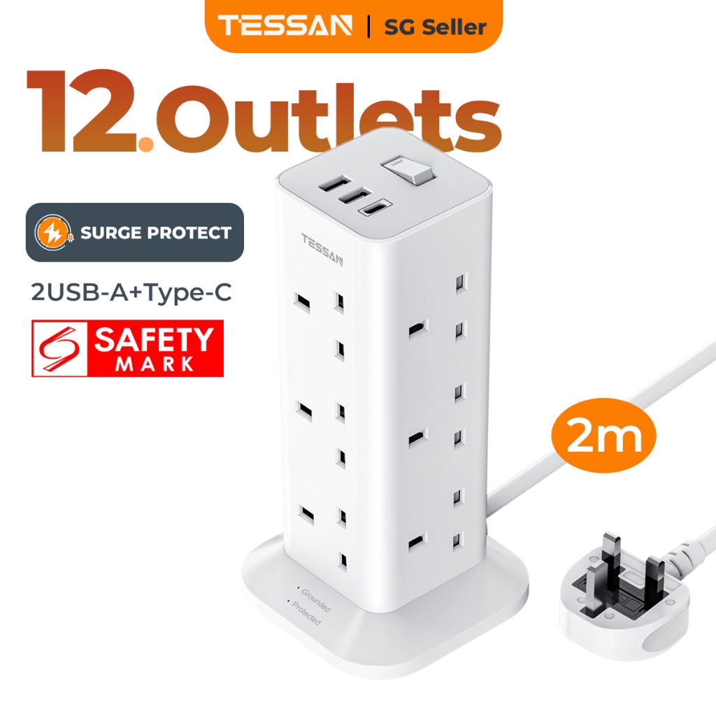 TESSAN - SG Safety Mark, 8 or 12 Extension Cord Tower with USB C Surge ...