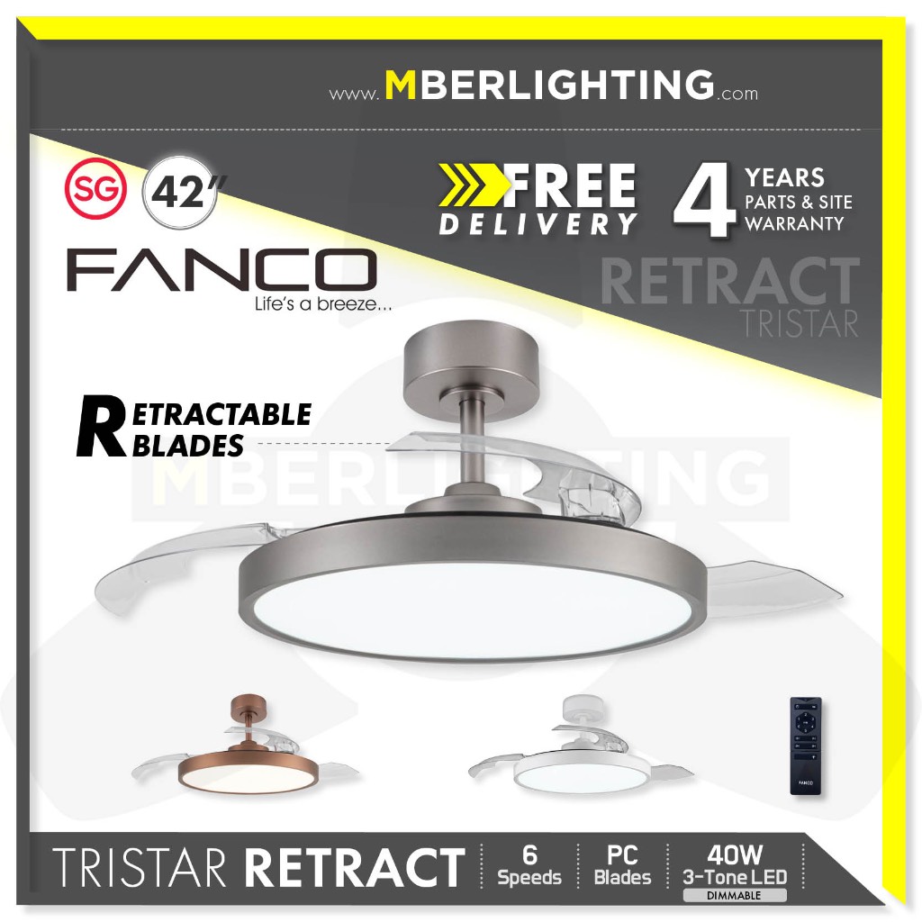 FANCO TRISTAR Retract Ceiling Fan 42" With 40W 3tone LED Light (Fan ...