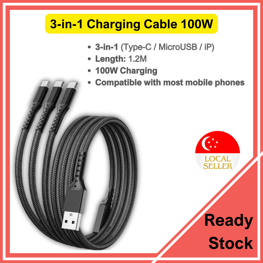 3-in1 Charging Cable 100W supports Type-C Micro-USB iP interface ...