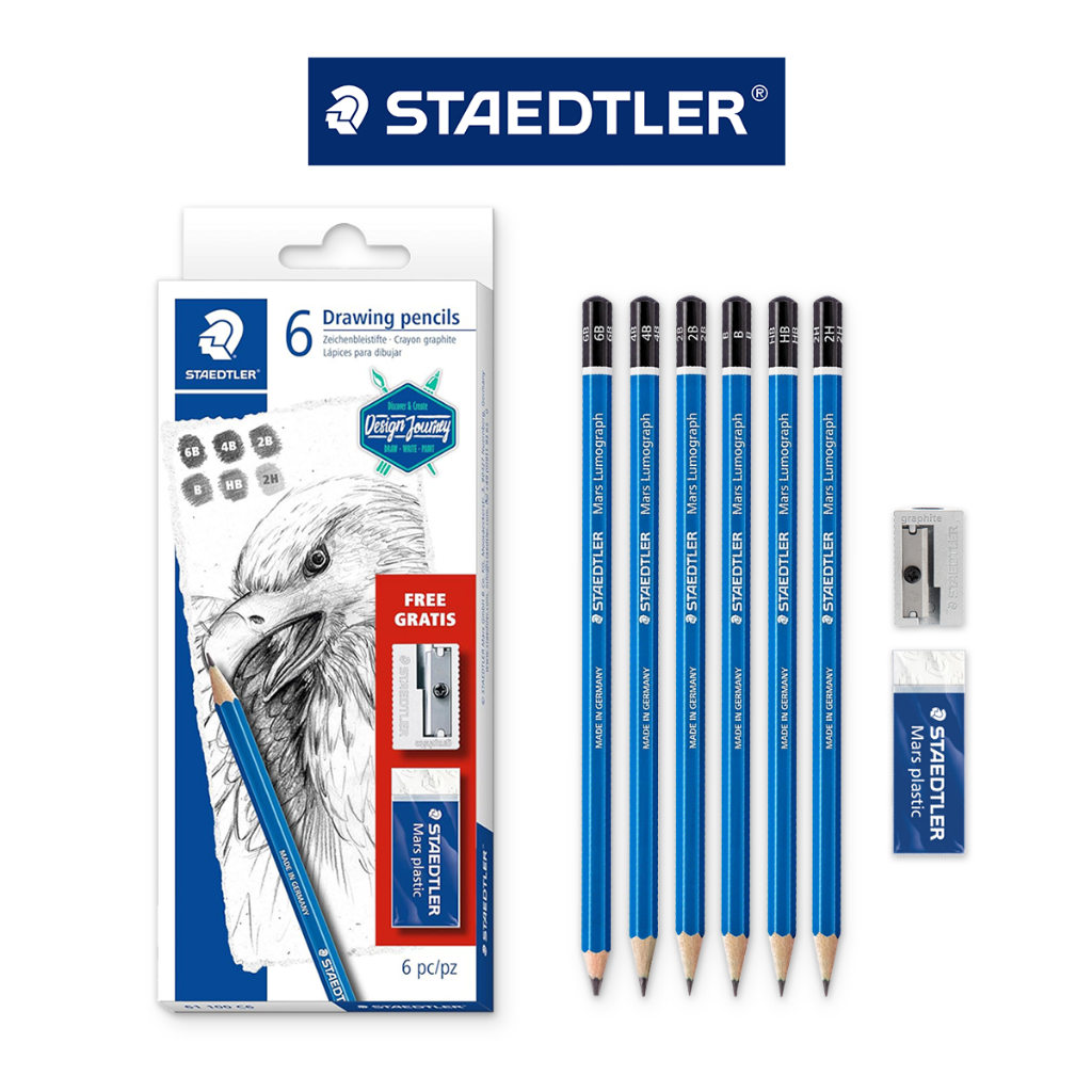 Staedtler Mars Lumograph ® Drawing Graphite Pencil Set of 6 - 6B 4B 2B B HB 2H with Eraser and ...