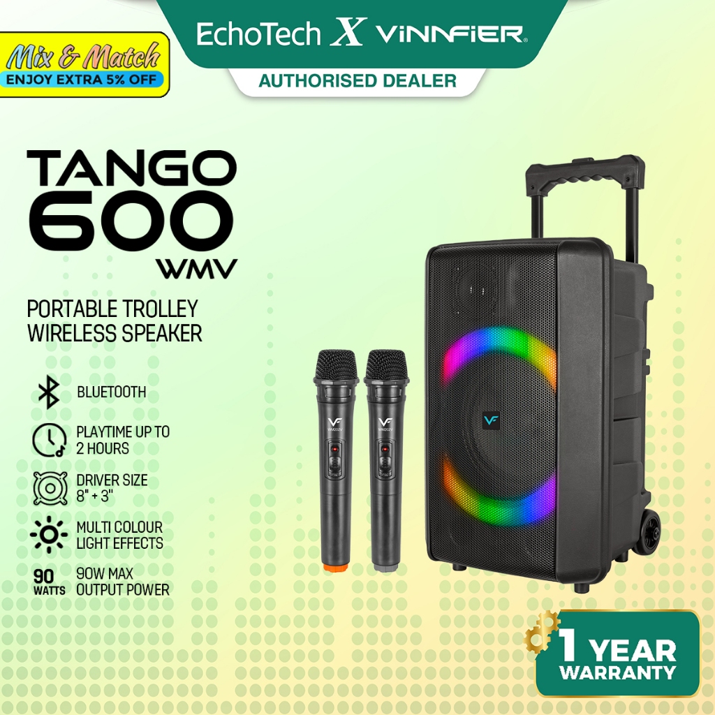 VINNFIER TANGO 600 WMV Portable Trolley Bluetooth Speaker RGB Lights ...