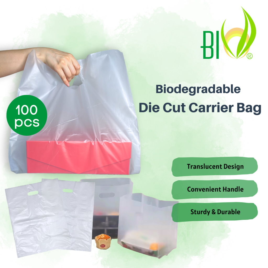 BIO Biodegradable Die Cut Carrier Bag - (390+260x500m,100pcs/packet ...