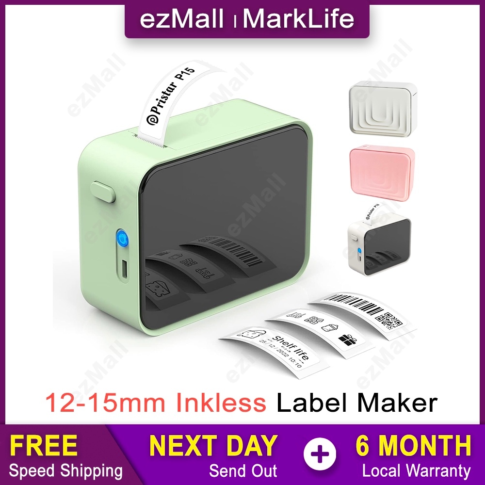 MarkLife 12-15m Label Maker P15 M1, Portable Bluetooth Inkless DIY Barcode Name Tag Thermal ...