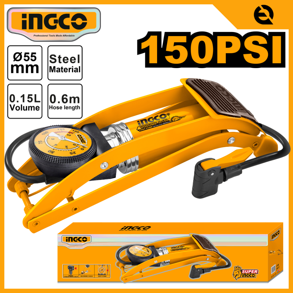 INGCO FOOT PUMP MAX PRESSURE 150PSI BICYCLE TYRE INFLATOR TOOL MPP5511 ...
