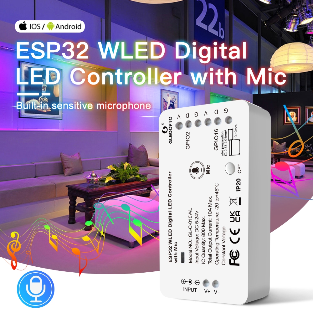 Gledopto ESP32 WLED DIGITAL LED Controller with Microphone, DC 5-24V, max 10A (GL-C-010WL ...