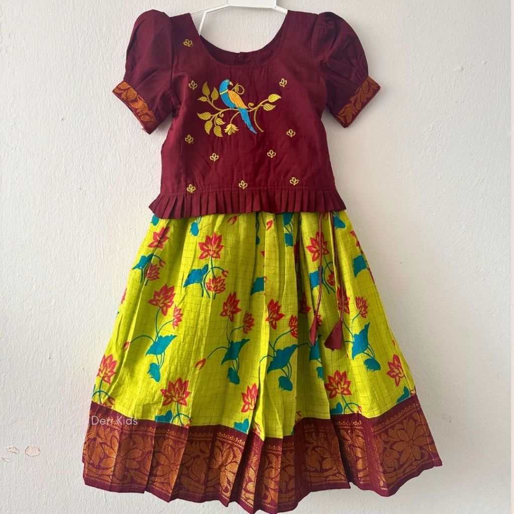 Maroon silk top embroidery design with green floral skirt for girls ...