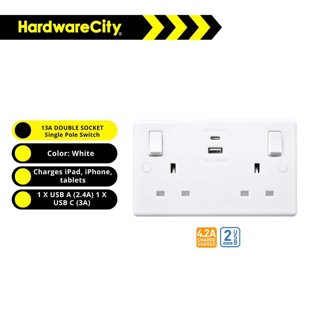 British General BG 13A DOUBLE SOCKET Single Pole Switch 1 X USB A (2.4A ...