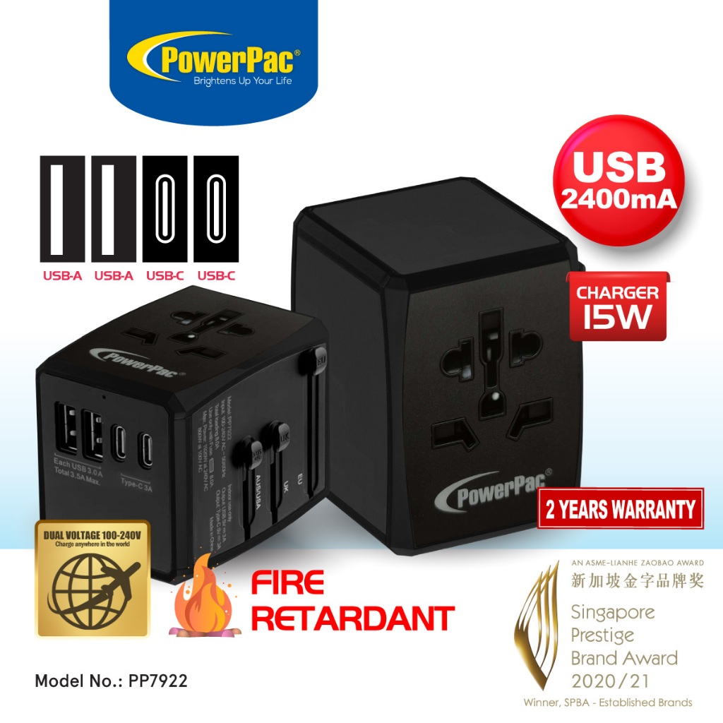 PowerPac Multi Travel Adapter With 2x USB-A + 2x USB-C Charger | PD 15W ...