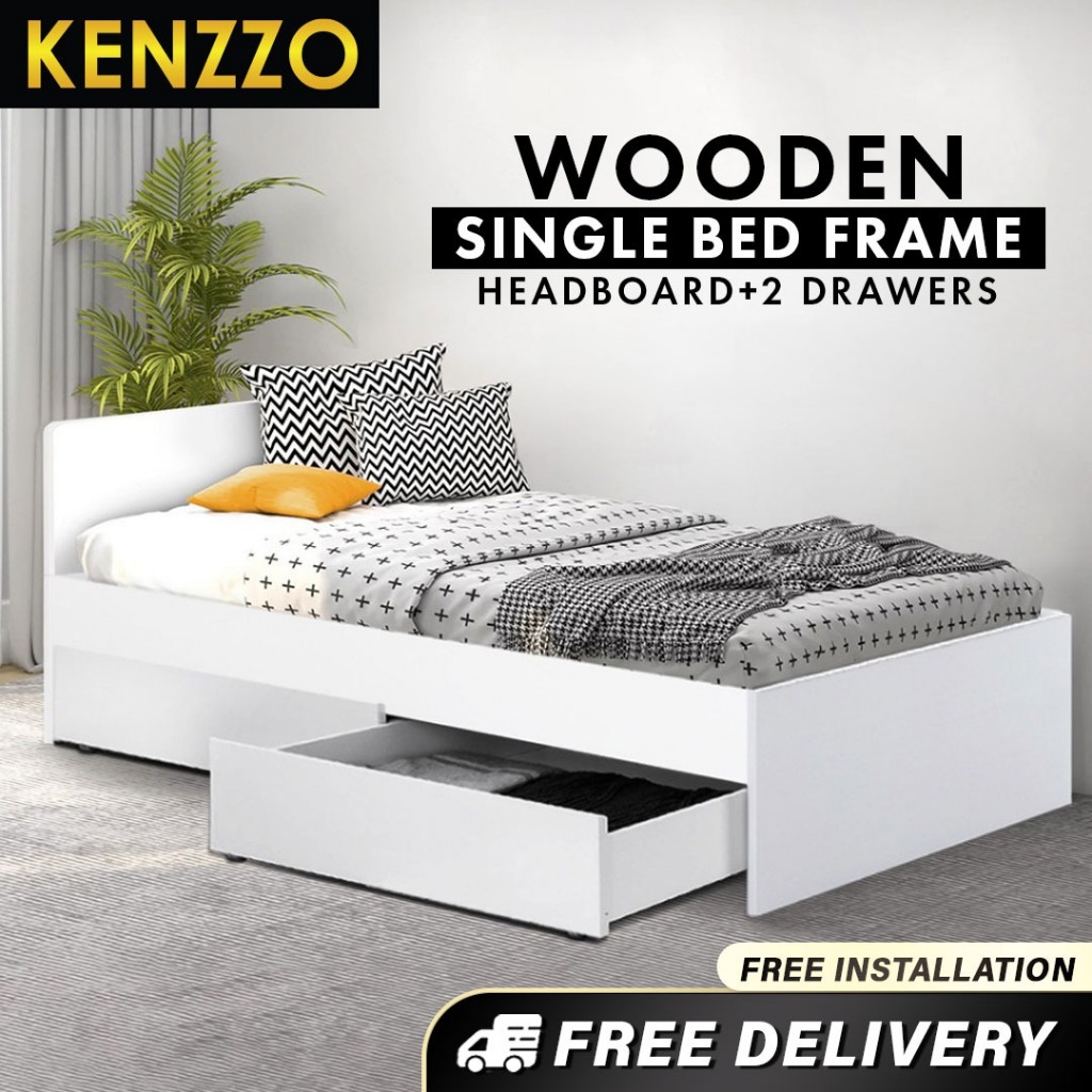 [FREE INSTALLATION] KENZZO: Wooden single bed frame with headboard ...