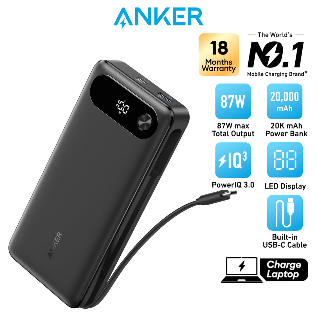 Anker PowerBank, 20,000mAh Portable Charger with Built-in USB-C Cable, 87W Max Fast Charging USB ...