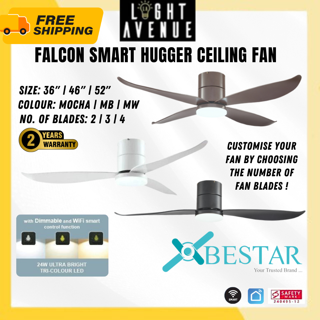 BESTAR Falcon Smart WiFi DC Motor 36"/46"/52" Inch Ceiling Fan with Dimmable LED and Remote ...