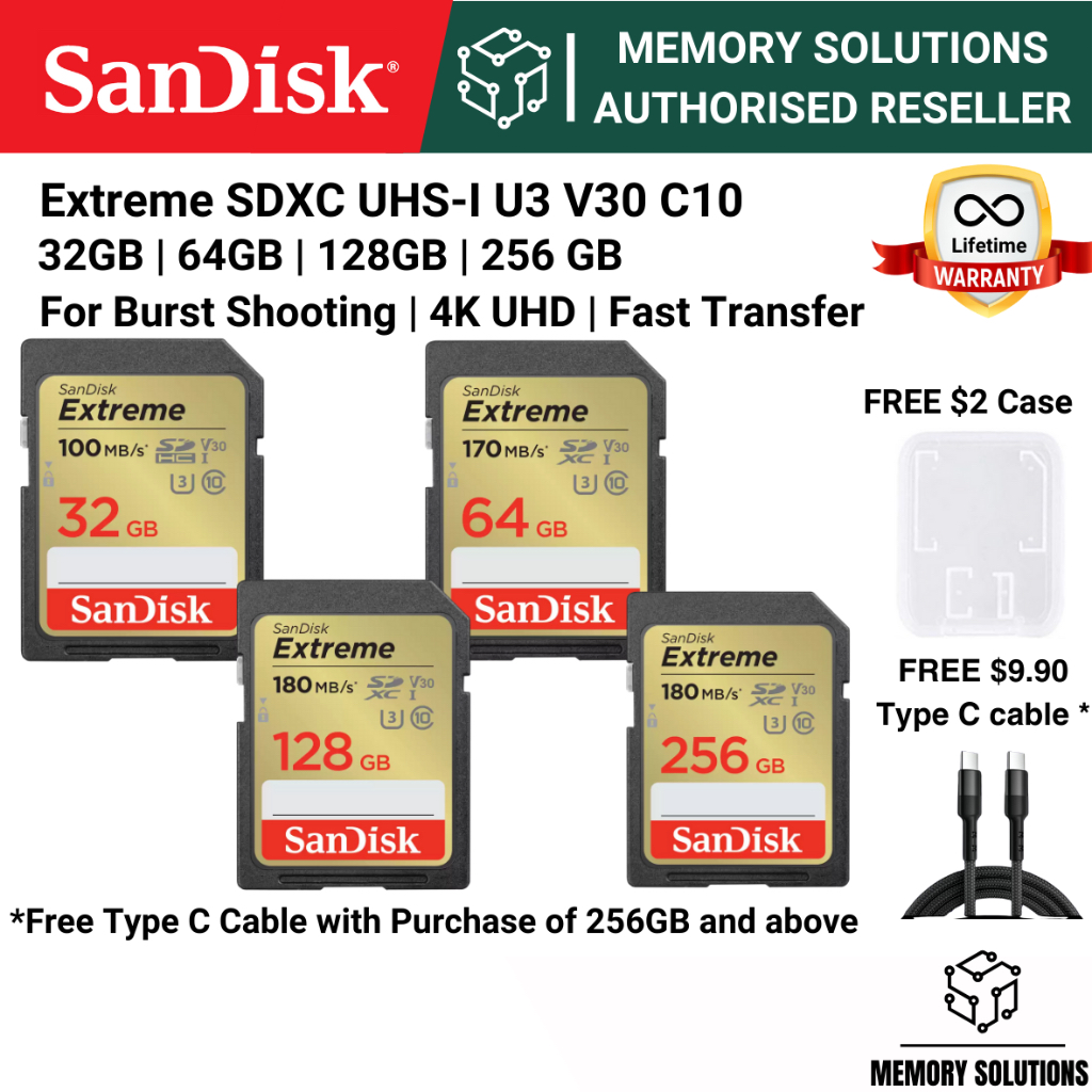 SanDisk Extreme SD Card (Video Cameras / Digital Cameras) UHS-I U3 V3 C10 32GB 64GB 128GB 256GB ...
