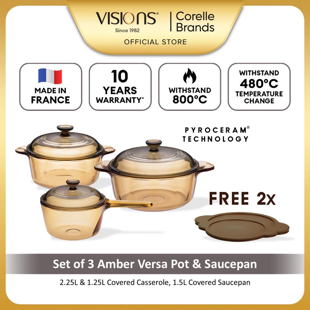 VISIONS Amber Set of 3 Pyroceram® Glass Casserole Cookware - MADE IN ...