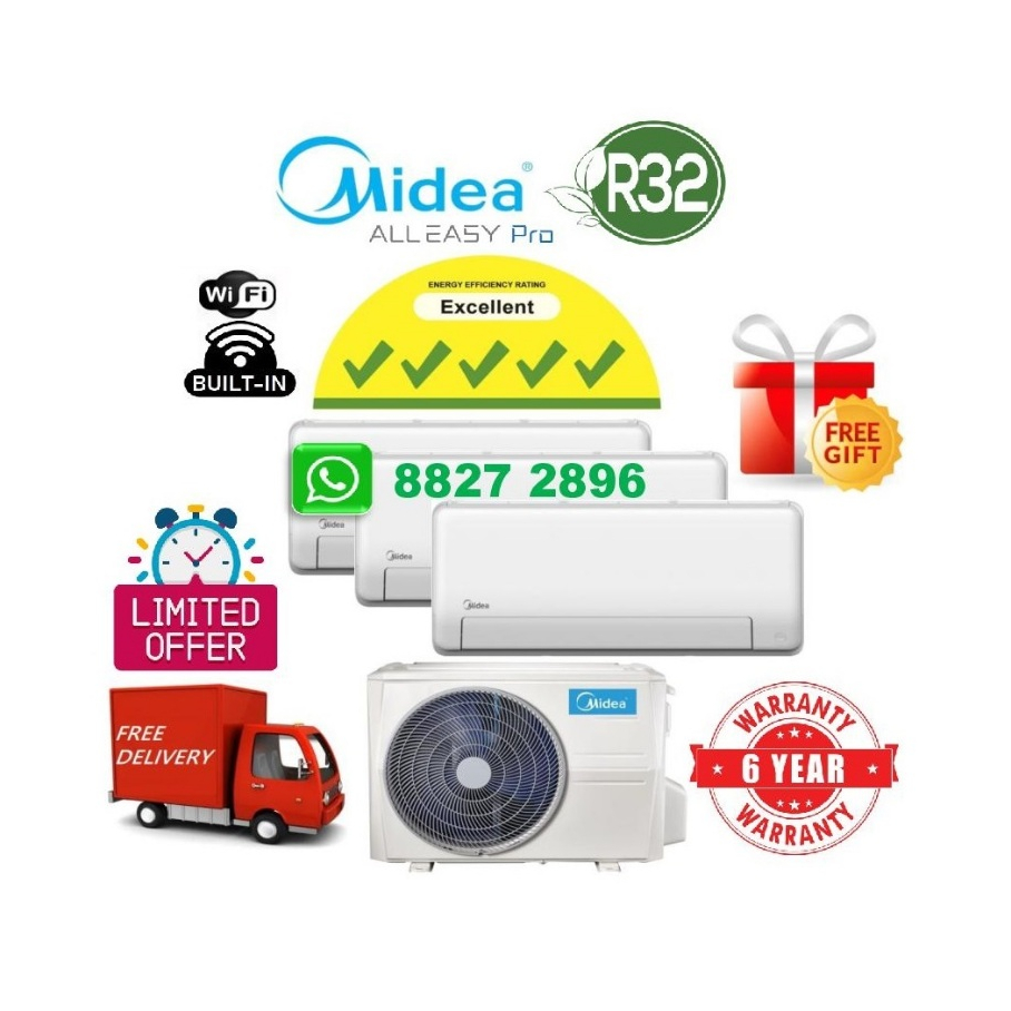 Midea *ALL-EASY-PRO* (WIFI) R32 SYSTEM 3 Aircon + FREE Removal/Dispose ...
