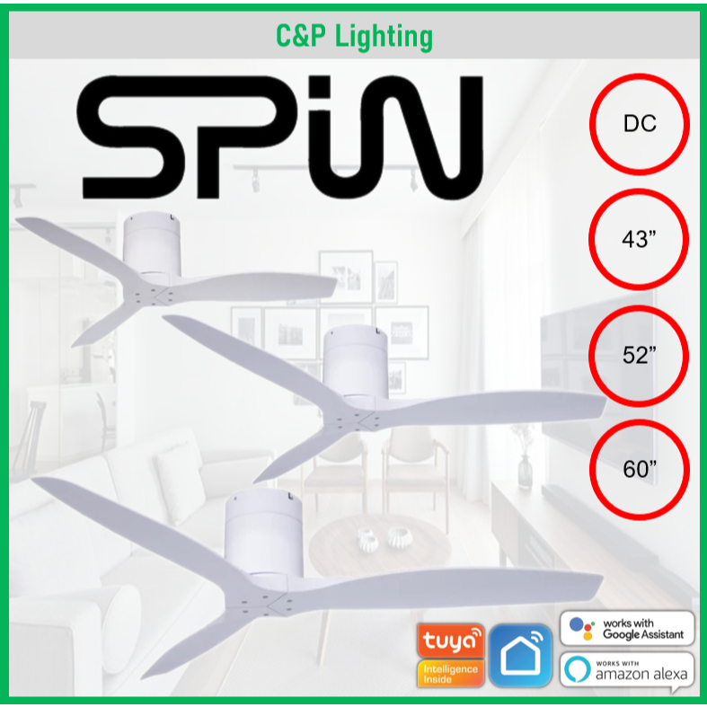 Spin Quincy 43" / 52" / 60" Smart Pearl White Designer DC Ceiling Fan ...