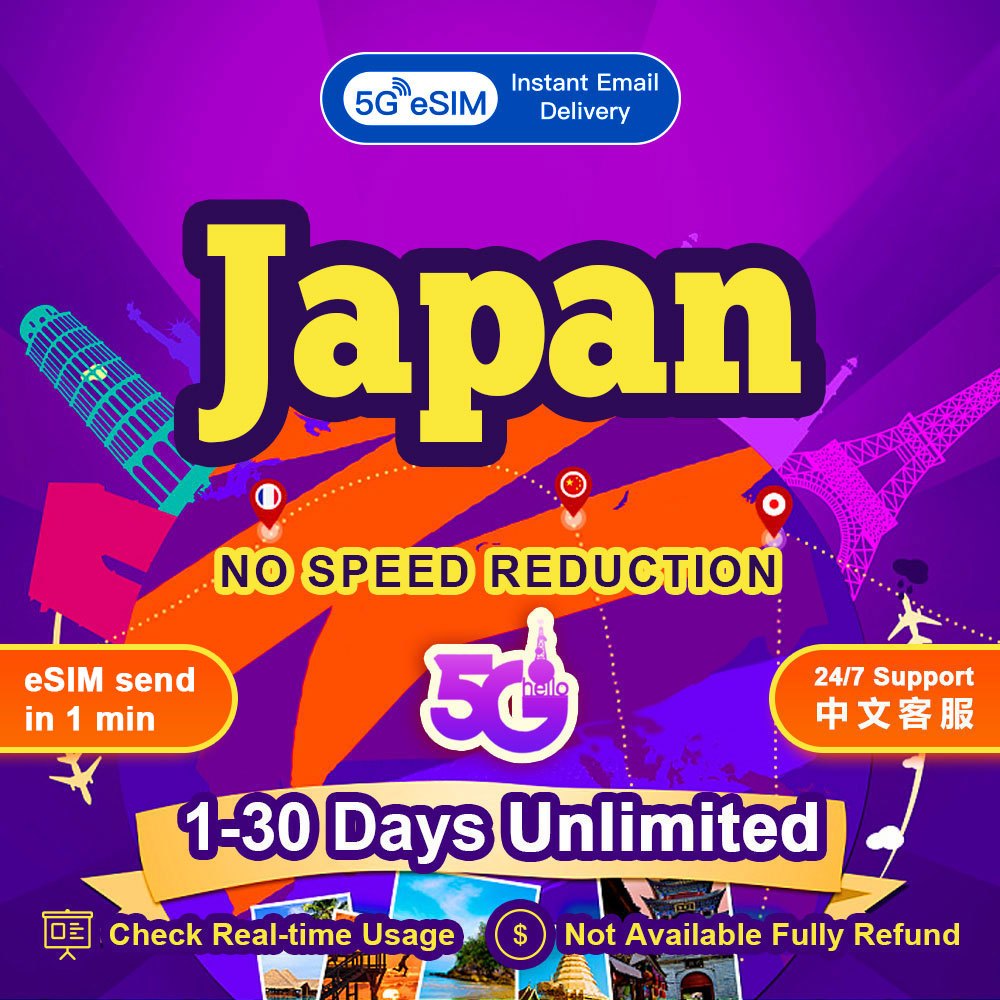 Japan eSIM 5G High Speed 5-30 Days 500MB-30GB Unlimited data SoftBank/KDDI/Rakuten Mobile eSIM ...