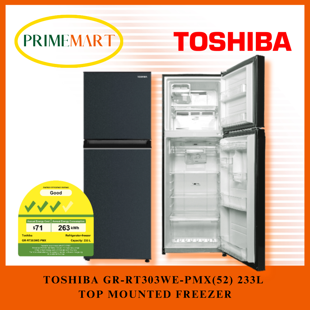 TOSHIBA GR-RT303WE-PMX(52) 233L TOP MOUNTED FREEZER + 2 YEARS WARRANTY | Shopee Singapore