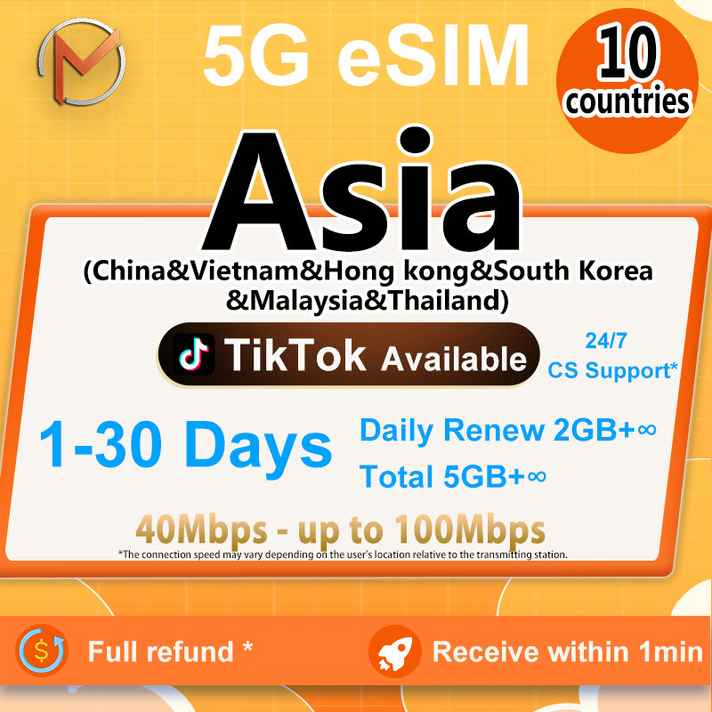 eSIM Asia 5G Pro Unlimited Data | 1-30 Days High Speed Data | Southeast Asia eSIM | Shopee Singapore