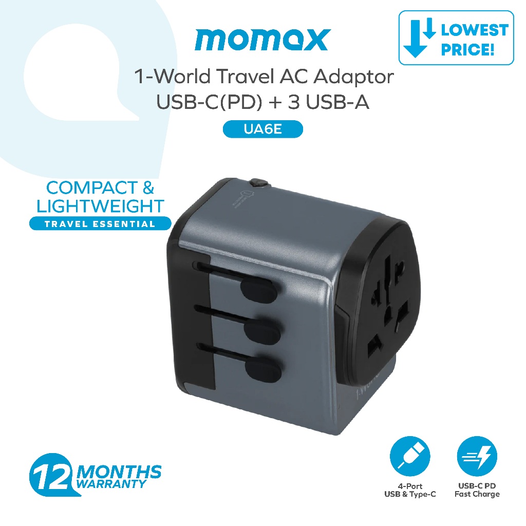 Momax UA6E I-World Travel AC Adaptor USB-C (PD) + 3 USB-A - Space Grey ...