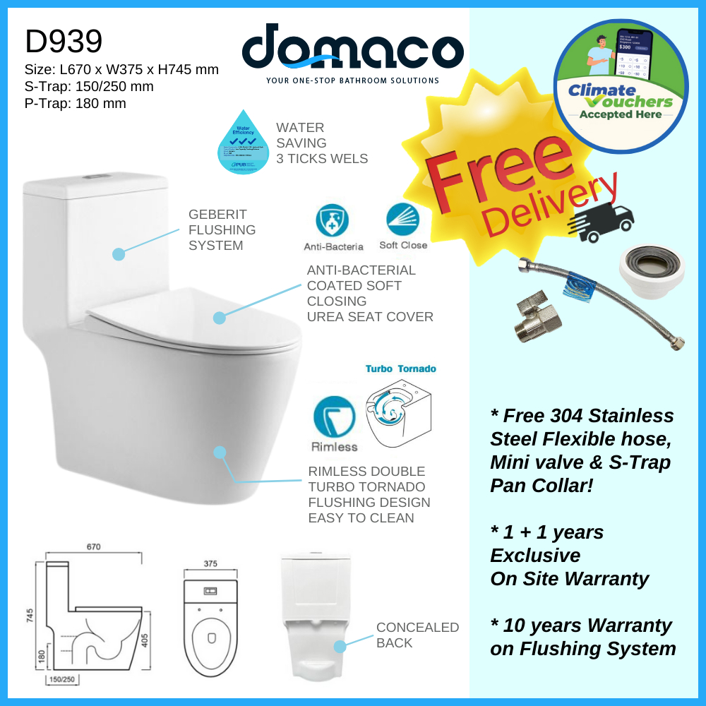 [CLIMATE VOUCHER $300] Domaco D939 [2025 Model] Toilet Bowl Rimless Double Turbo Tornado Flush ...