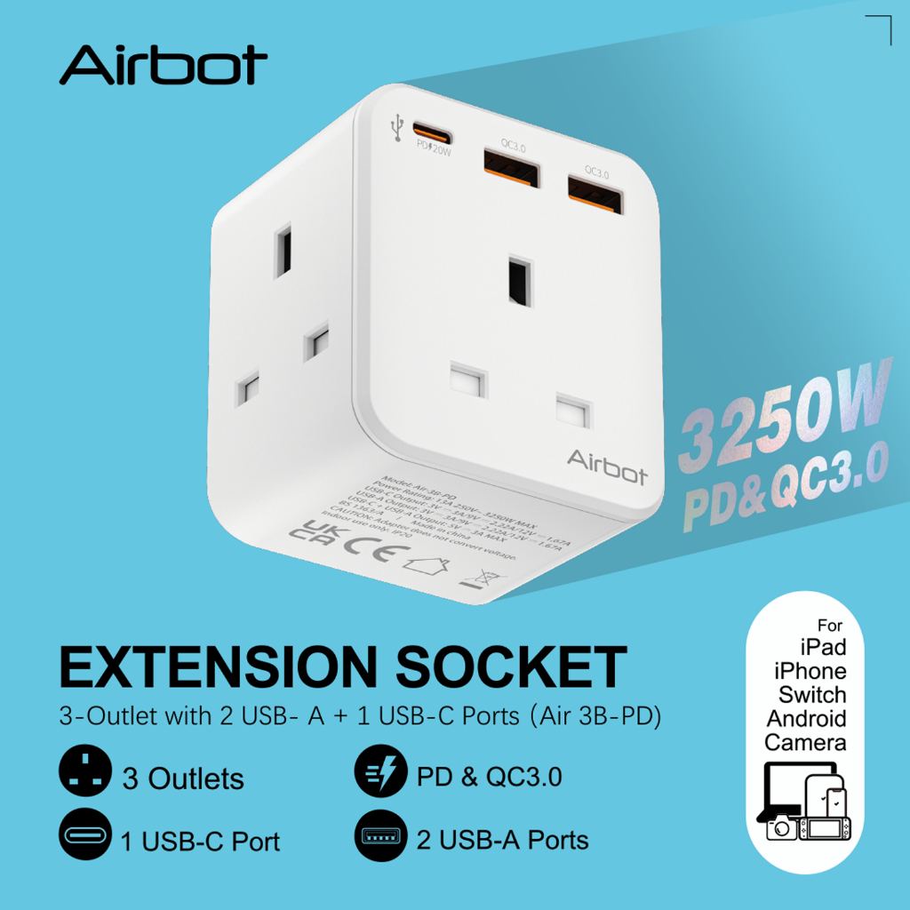 Airbot Air 3B-PD Extension Socket 3250W 3 Outlets Socket Multi Power ...