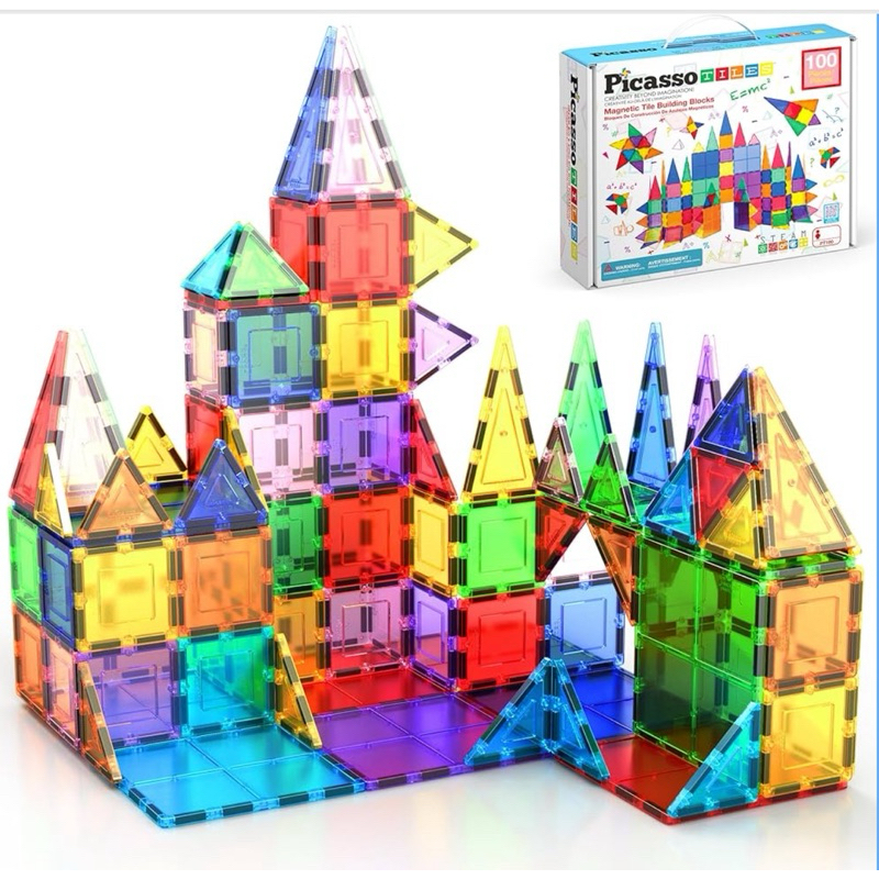 PicassoTiles 100 Piece Set 100Pcs Magnet Building Tiles Clear Magnetic 3D Building Blocks ...