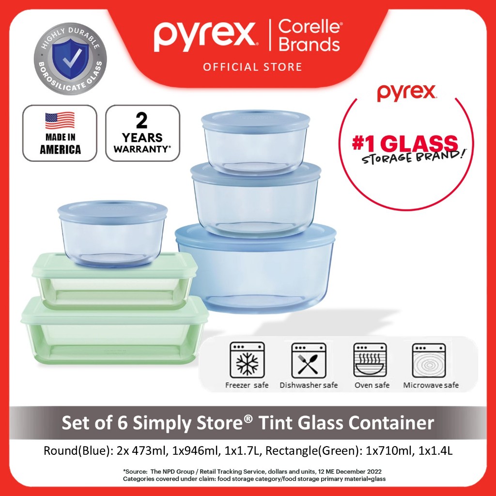 PYREX Colours Set of 6 Simply Store® Tint Glass Container - MADE IN USA ...