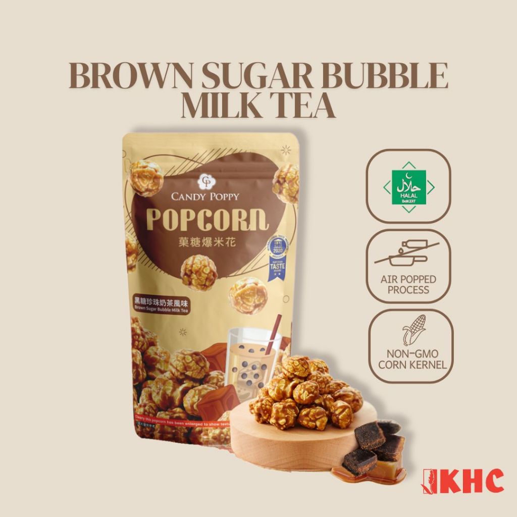 Candy Poppy Coated Popcorn - Brown Sugar Boba Milk Tea Popcorn 50g ...