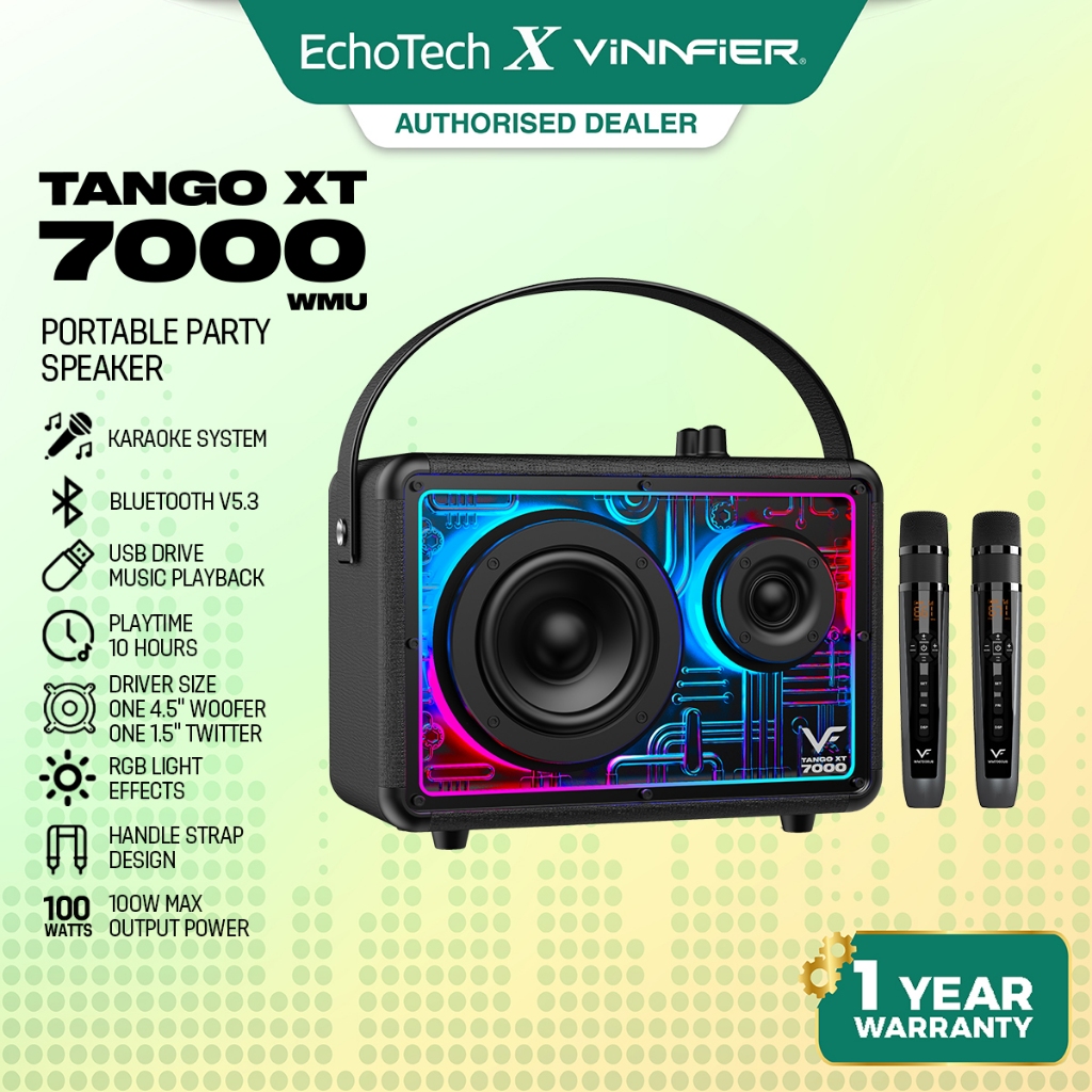 VINNFIER Tango XT7000 Max 80W Portable Bluetooth Karaoke Speaker 2 UHF Wireless Microphone with ...