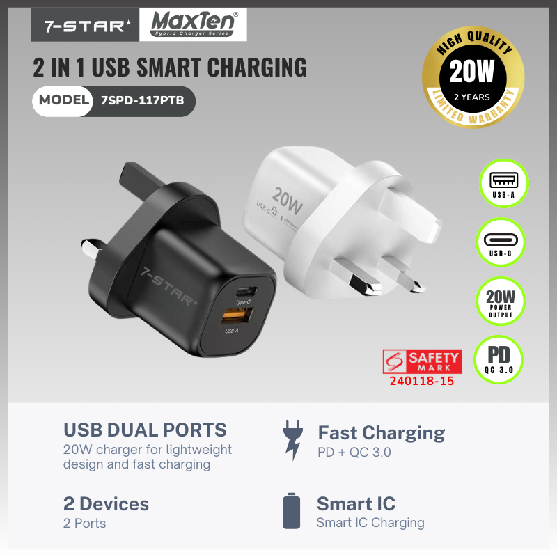 7-STAR* MaxTen 20W PD Charger Adapter | USB Type C x1 + USB A x1 Output ...