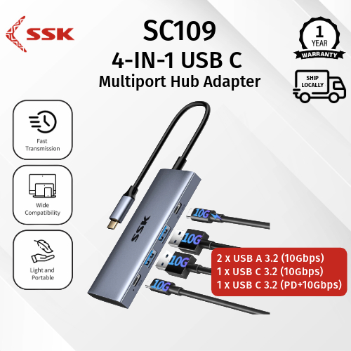 SSK SC109 4-In-1 Type C USB Hub Multiport Adapter USB C To USB C/USB A/PD | Shopee Singapore